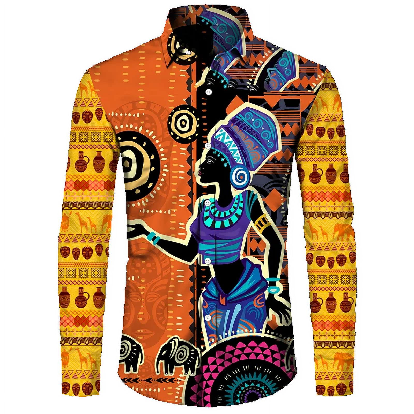 African iki Print Men's Turn-down Collar Button Shirts Casual Long ...