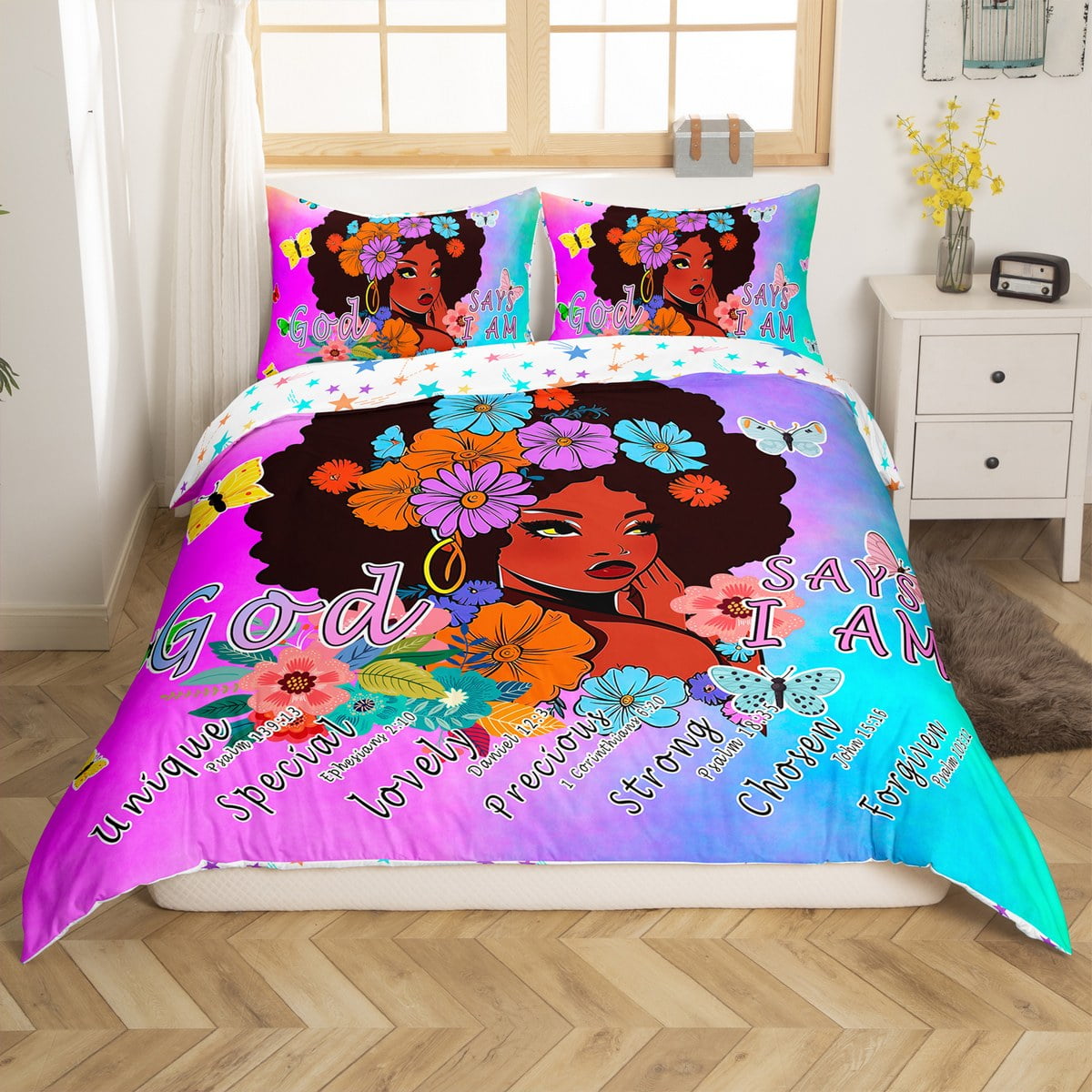 Afro-American King Bedding Sets for Little,Afro Princess Melanin Duvet Cover,Butterfly Flowers ...