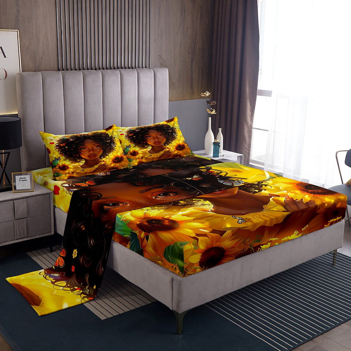 Afro-American Girls Bed Sheets Set Full Size Rustic Farm Sunflowers ...