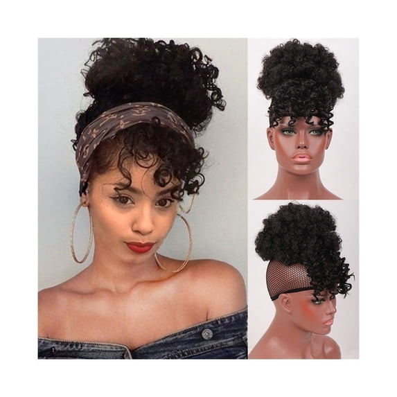 Afro Curly Hair Chignon With Bangs Synthetic Kinky Curly Drawstring ...