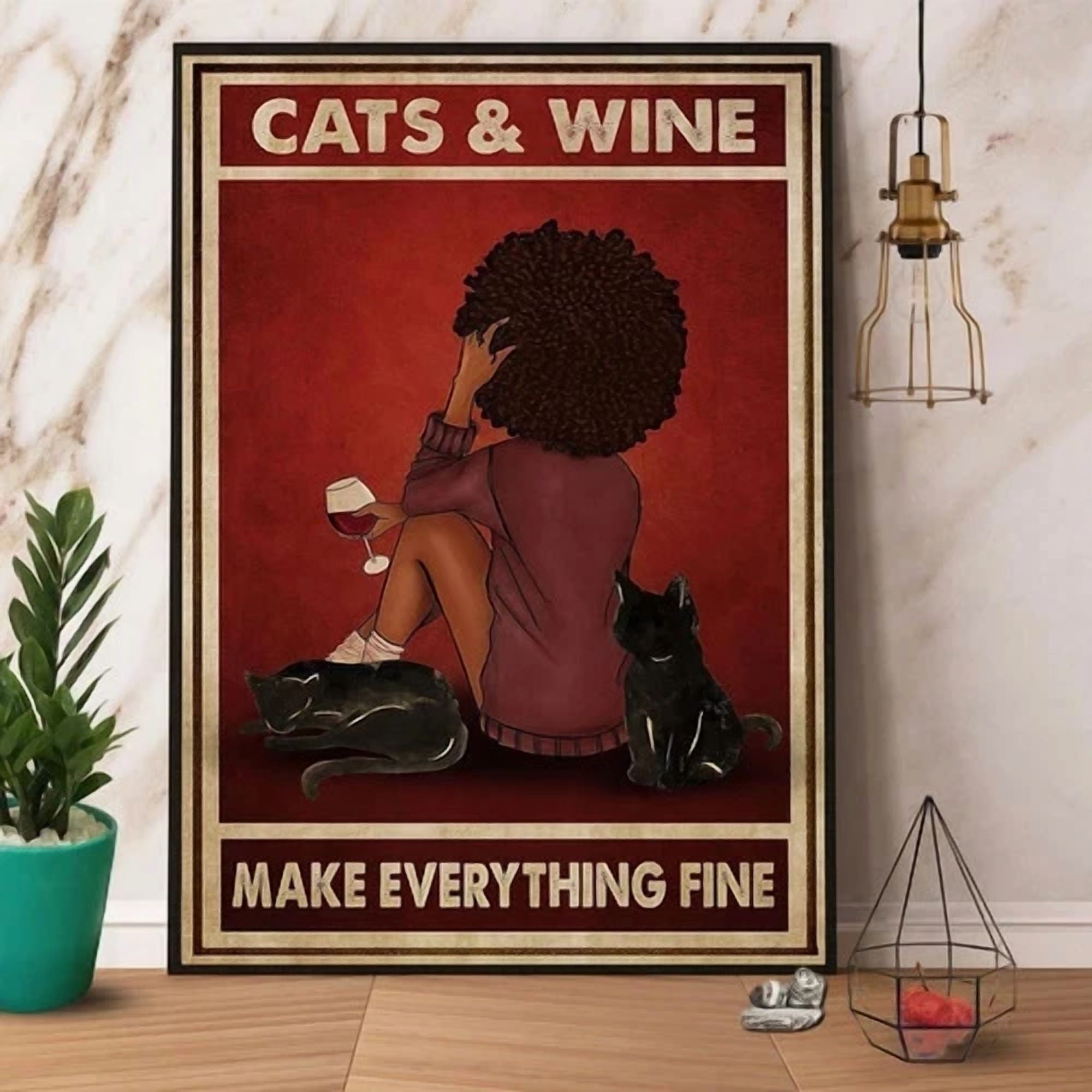 Afro Girl Cats And Wine Make Everything Fine Paper Poster Art - Walmart.com