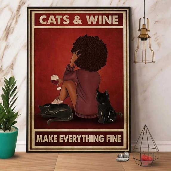 Afro Girl Cats And Wine Make Everything Fine Paper Poster Art - Walmart.com