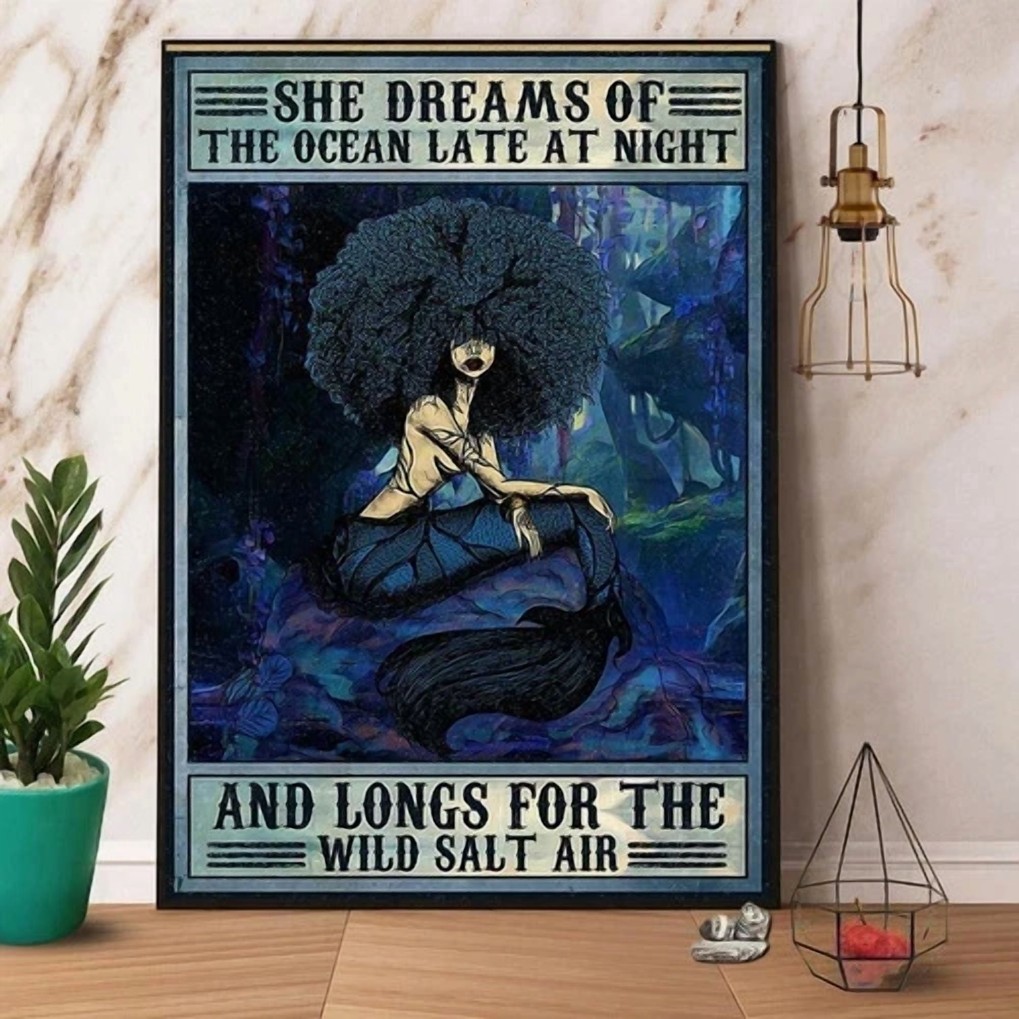 Afro Girl She Dreams Of The Ocean Late At Night Satin Poster Wall Art ...