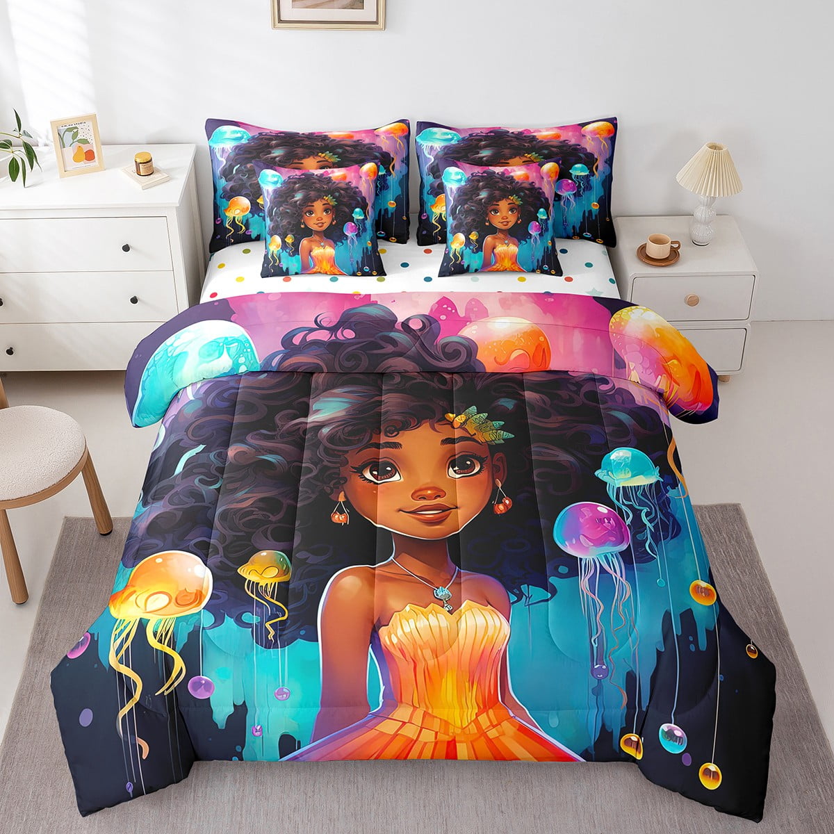 Afro Girls 7 Piece Comforter Set Full Bed in a Bag,Mermaid American ...