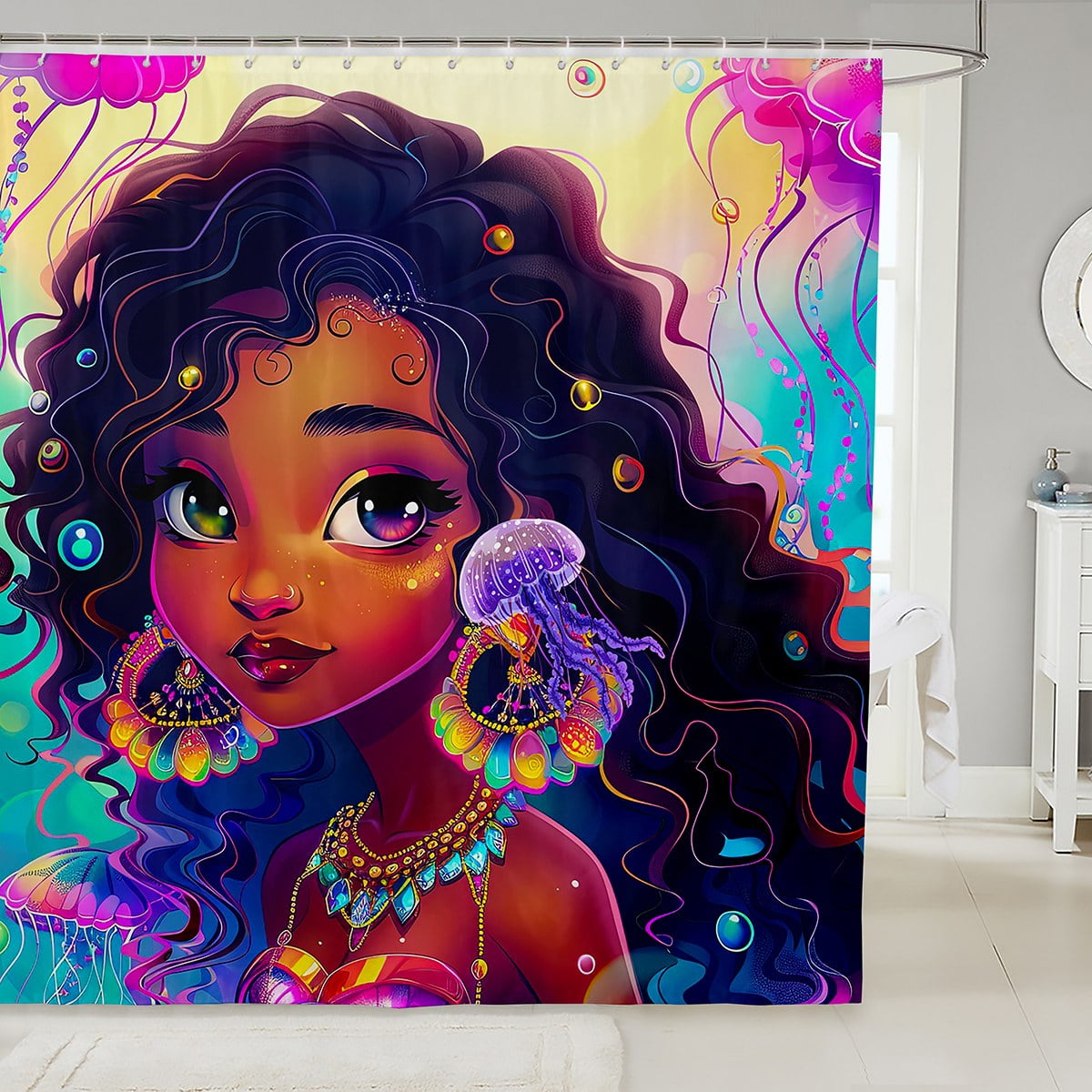 Afro Hair Bath Curtain , Cute Afro Melanin Princess Shower Curtain ...