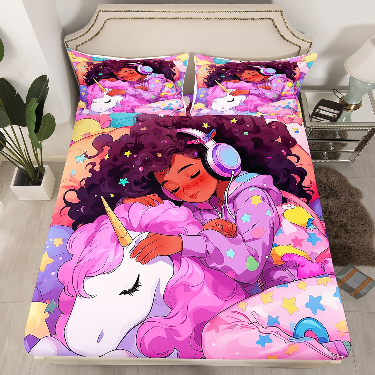 Afro Hair Bed Sheets for Little,Unicorn Cute Afro Melanin Princess ...