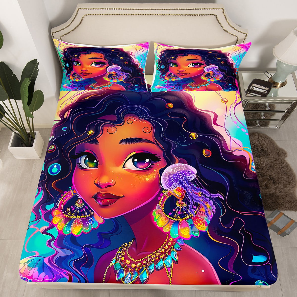 Afro Hair Queen Bed Sheets , Cute Afro Melanin Princess Fitted Sheet ...