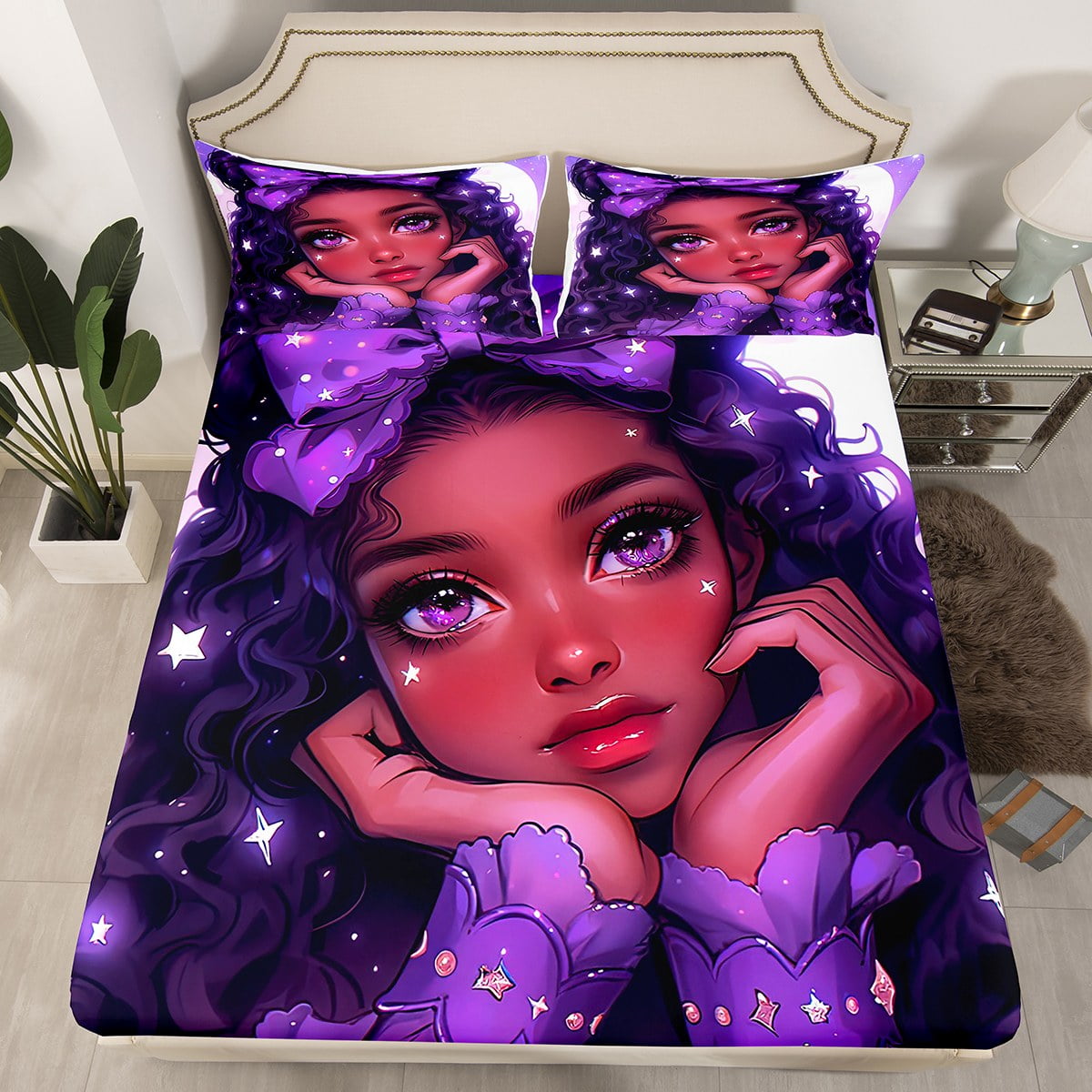 Afro Hair Twin Bed Sheets , Cute Afro Melanin Princess Fitted Sheet ...
