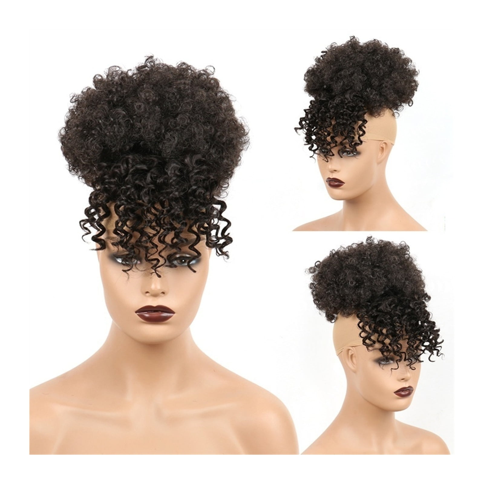 Afro High Puff Hair Bun Drawstring Ponytail with Bangs Synthetic Short ...