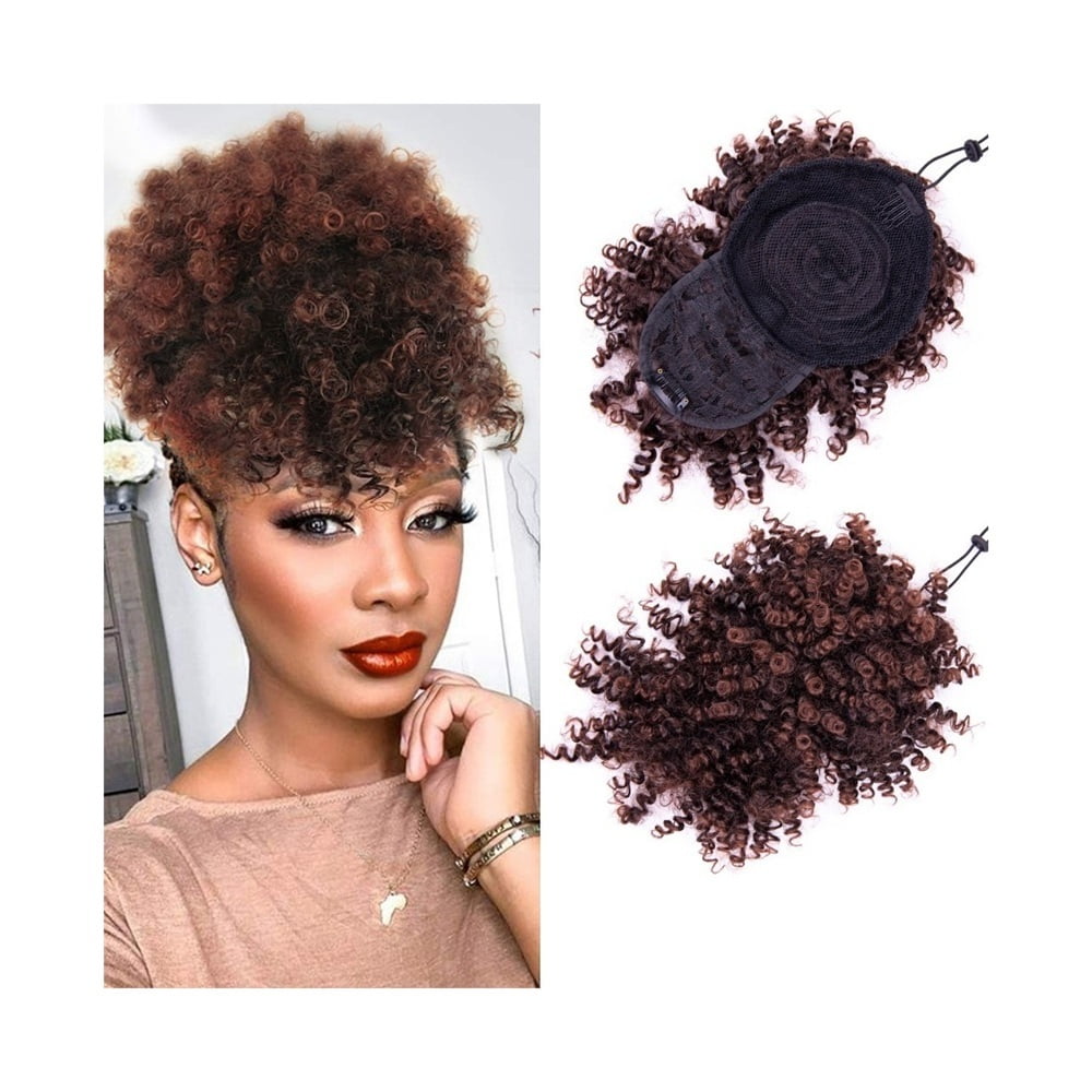 Afro High Puff Hair Bun with Bangs - Synthetic Kinky Curly Drawstring ...