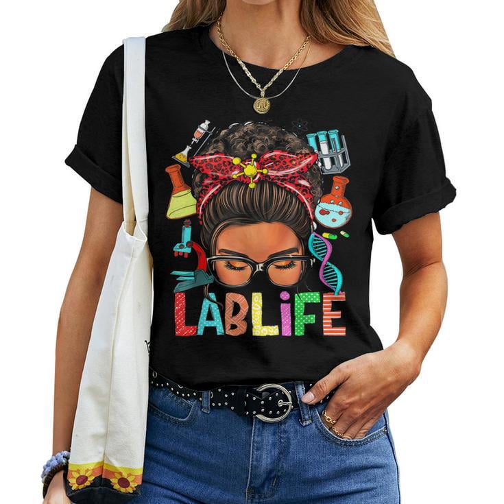 Afro Messy Bun Laboratory Life T-Shirt – Lab Week 2024 Lab Technician ...
