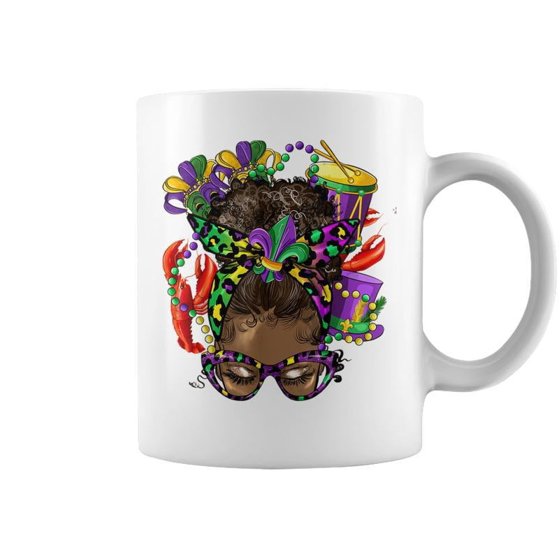 Afro Messy Bun Mardi Gras Crawfish Beads Mardi Gras Lover Coffee Mugs ...