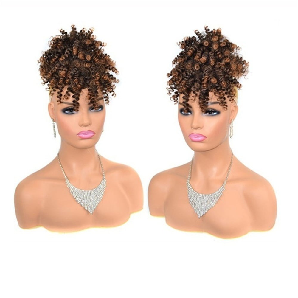 Afro Puff Bun with Bangs - Short Kinky Curly Hair Chignon - Synthetic ...