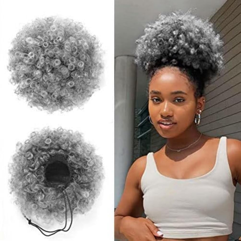 Afro Puff Drawstring Ponytail for Black Women, Premium Ombre Gray Afro ...