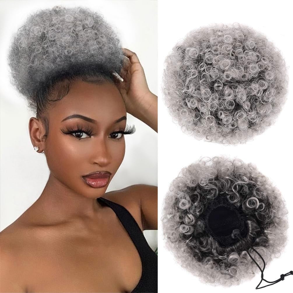 Afro Puff Ponytail Extension Synthetic Premium Ombre Gray 80 Grams Afro ...