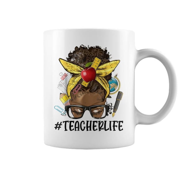 Afro Teacher Life Messy Bun Black African American Educator Coffee Mugs ...