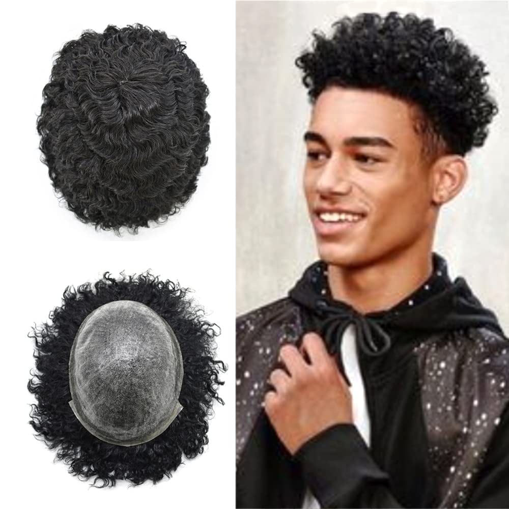 Curly Toupee for Men Human Hair Replacement System Skin PU Injected Men ...