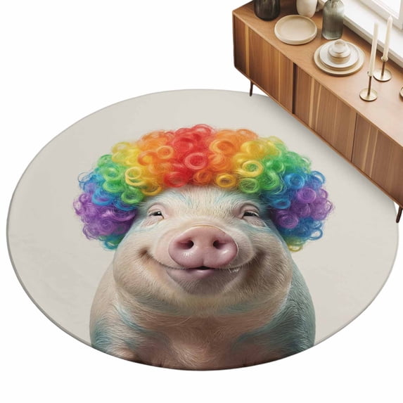 Afro Wig Pig 6ft Non Slip Round Area Rug Abstract Funny Rainbow Wig Pig ...