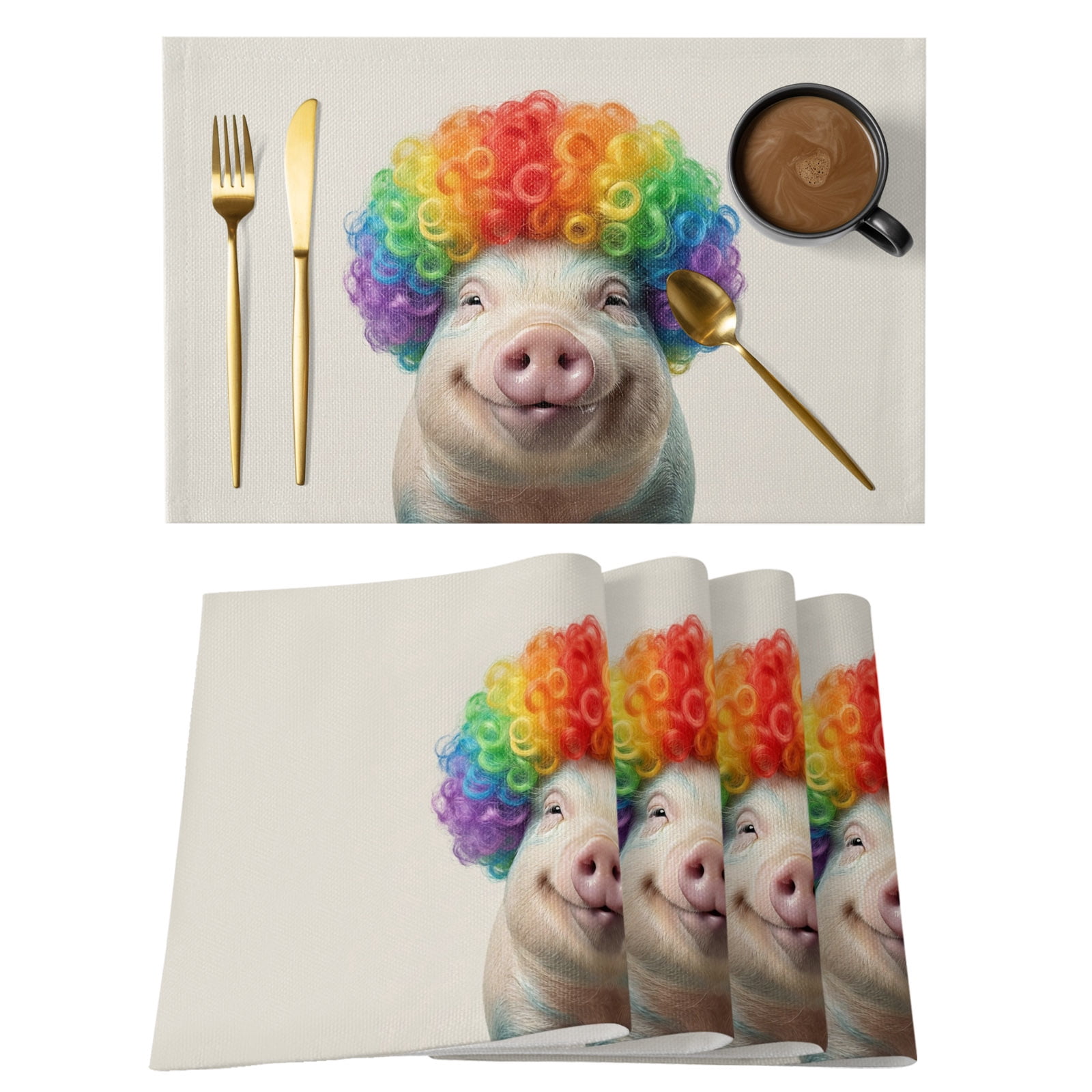 Afro Wig Pig Cotton Linen Placemats Set of 2, Abstract Funny Rainbow ...