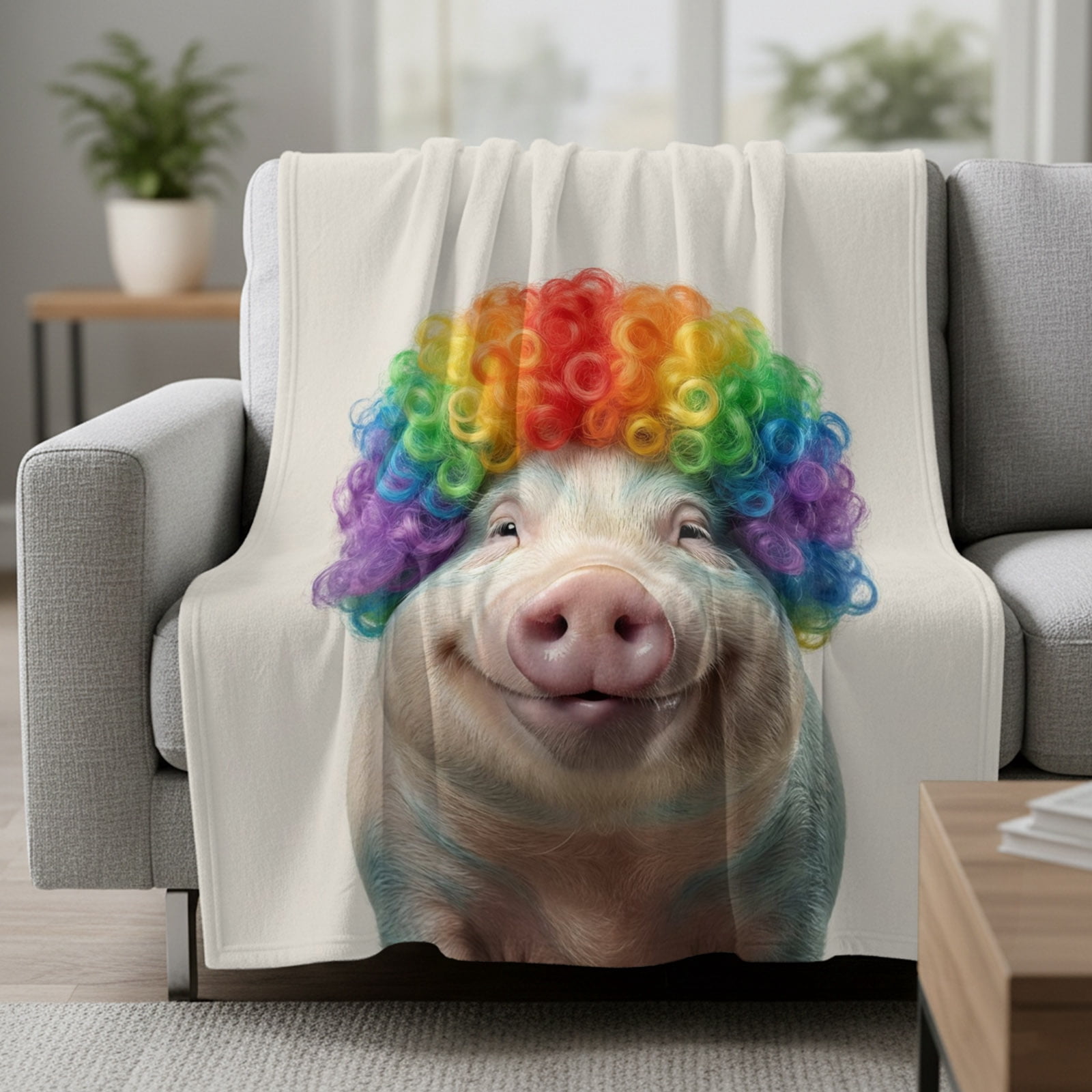 Afro Wig Pig Fleece Throw Blanket Abstract Funny Rainbow Wig Pig Linen ...
