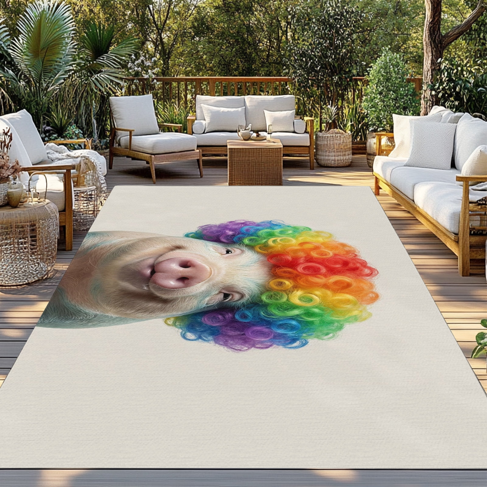 Afro Wig Pig Indoor Outdoor Rugs 5x8 Ft, Abstract Funny Rainbow Wig Pig ...