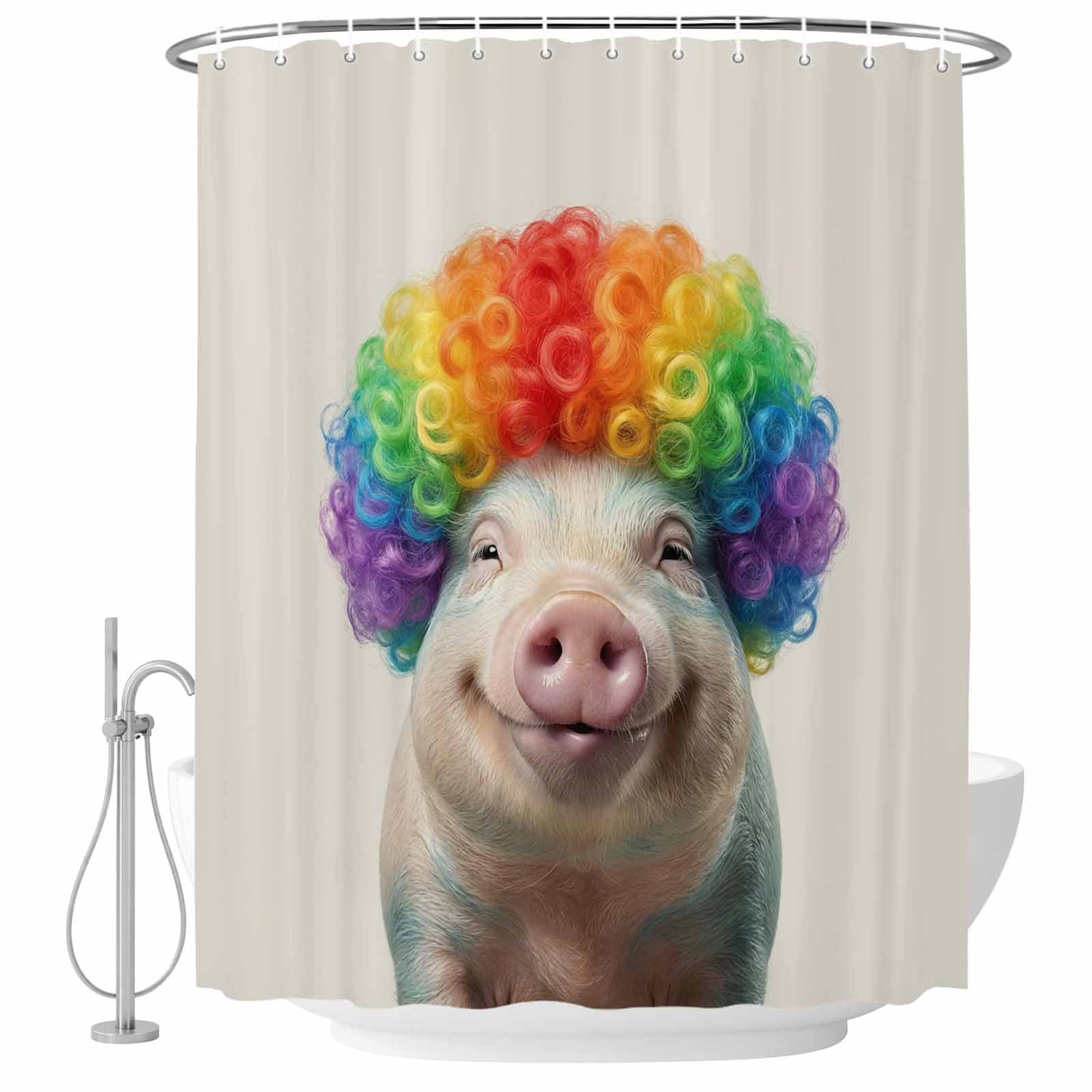 Afro Wig Pig Shower Curtain, 72" x 72", Abstract Funny Rainbow Wig Pig ...