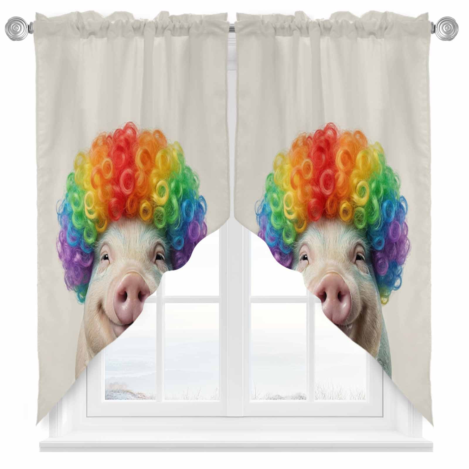 Afro Wig Pig Swag Kitchen Curtain Valances, Abstract Funny Rainbow Wig ...