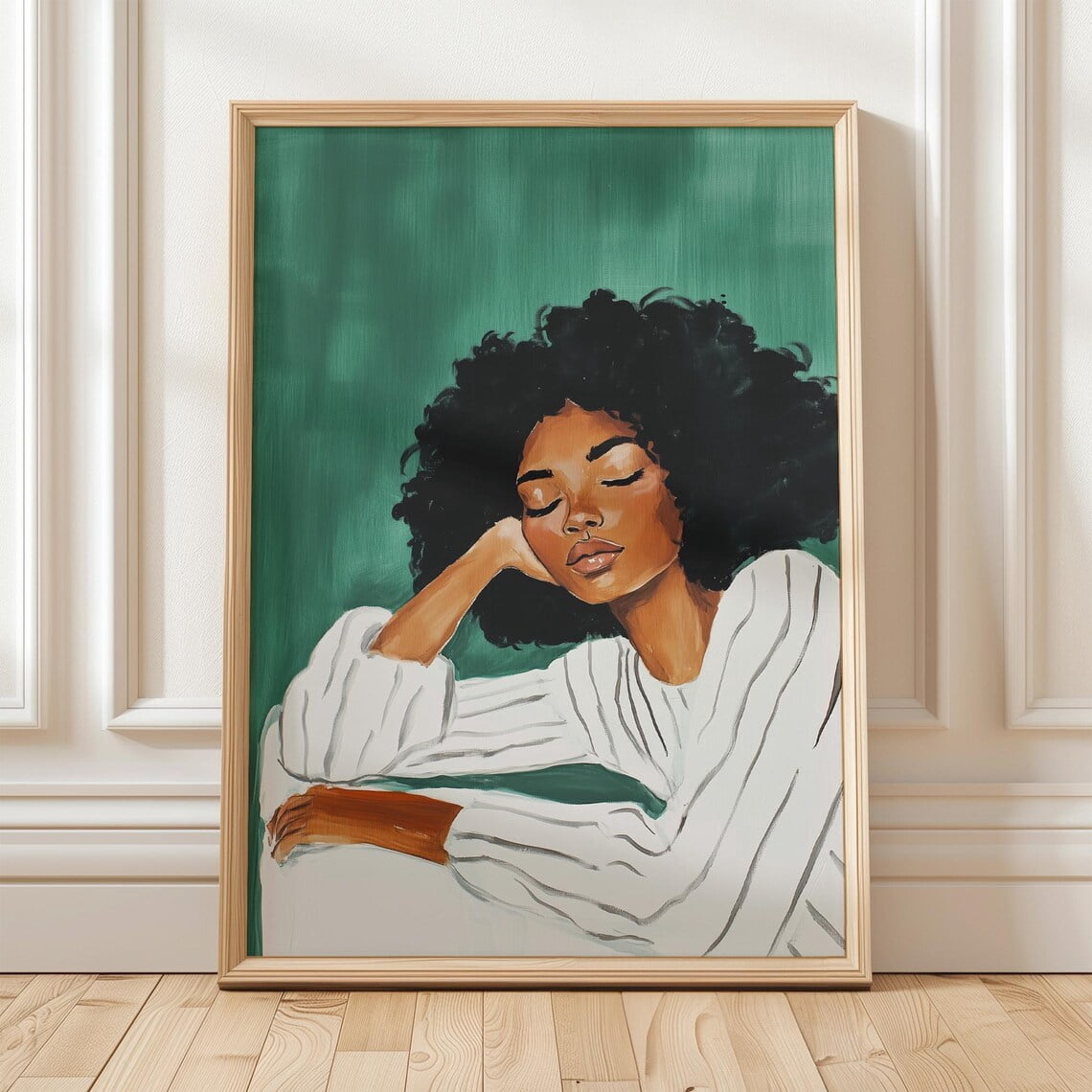 Afro Woman Artwork, Emerald Green Wall Art, Minimalist Boho Portrait ...