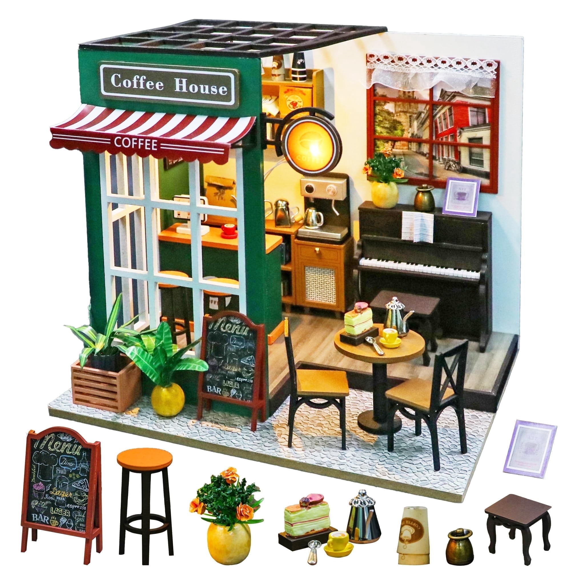 Afternoon Cafe Coffee House Miniature Wooden Puzzle Kit DIY Dollhouse ...