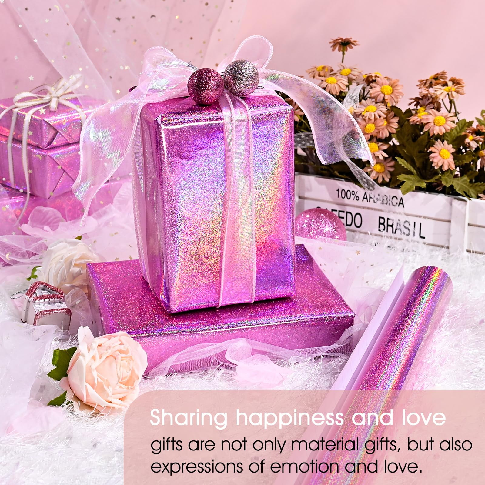 Afucus Pink Holography AJH3 Wrapping Paper, Iridescent Shiny Sparkle ...