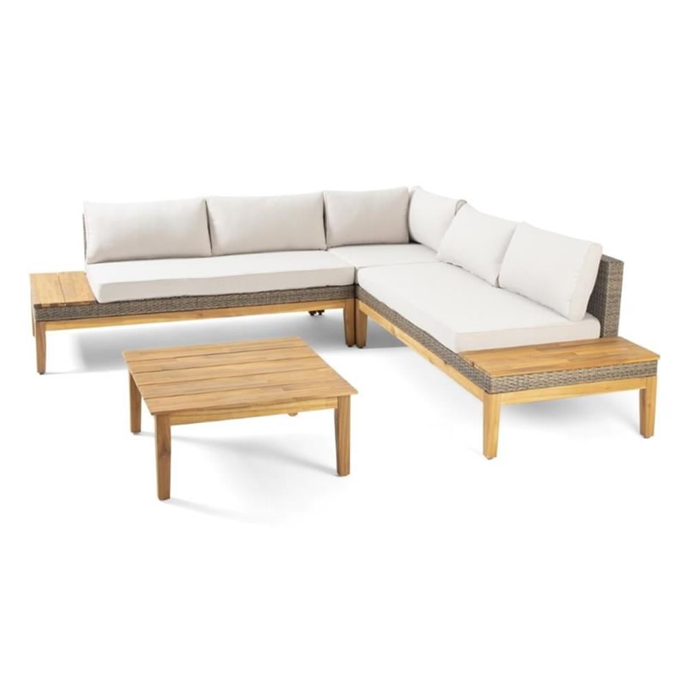Afuera Living 4 Piece Outdoor Acacia Wood Sectional Sofa Set in Light ...