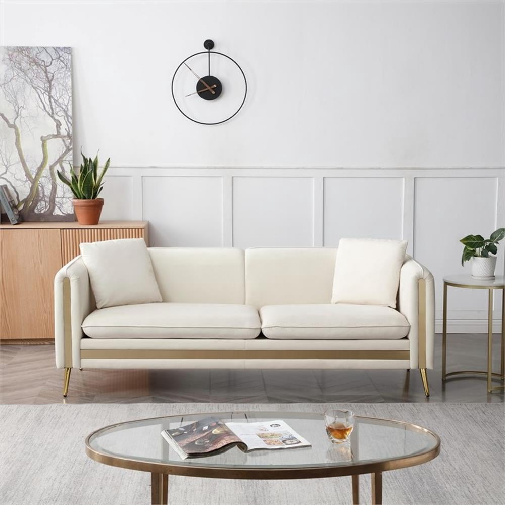 Afuera Living 77.2" Beige Velvet 3-Seater Sofa with Side Pocket & 2 ...