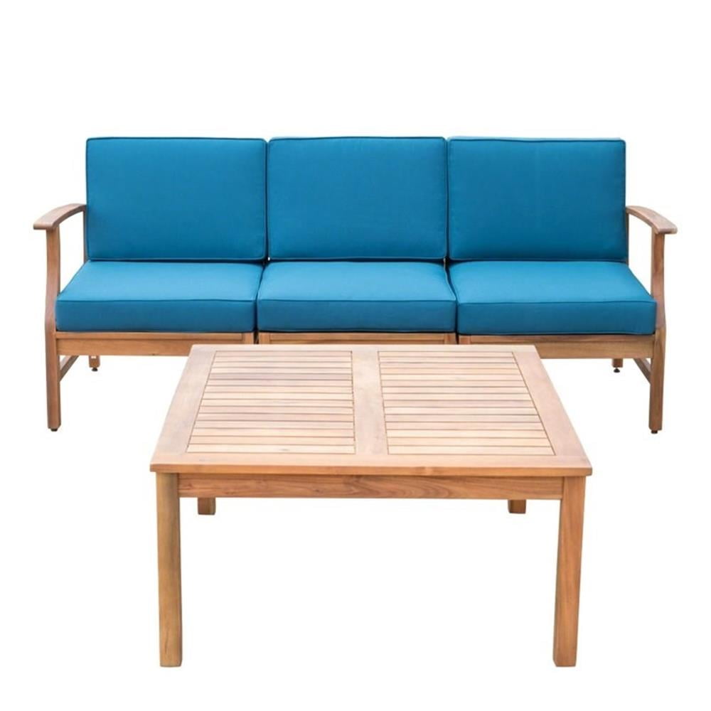 Afuera Living Modern 4 Piece Outdoor Acacia Wood Sofa Set in Blue ...