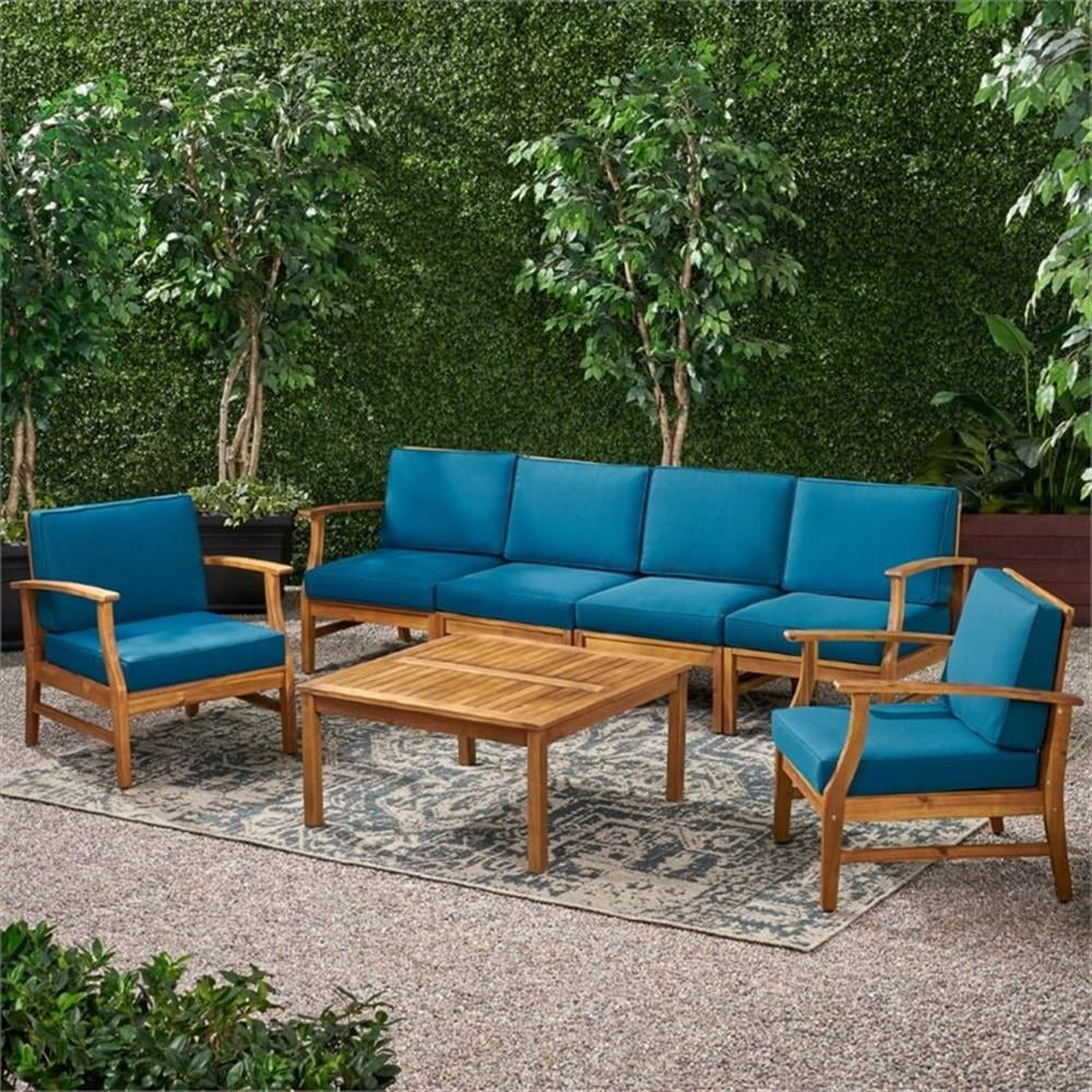 Afuera Living Modern 7-Piece Outdoor Acacia Wood Sofa Set in Blue ...