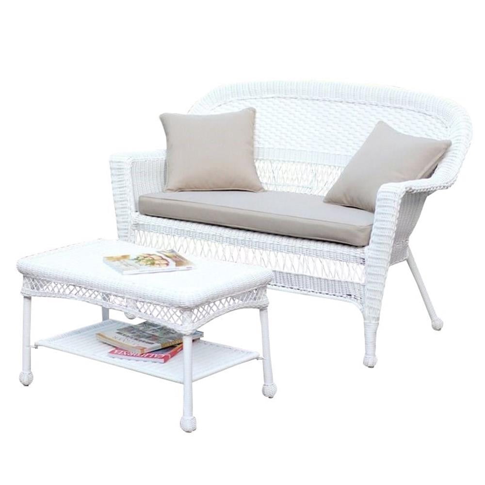 Afuera Living Wicker Patio Love Seat & Coffee Table Set - White with ...