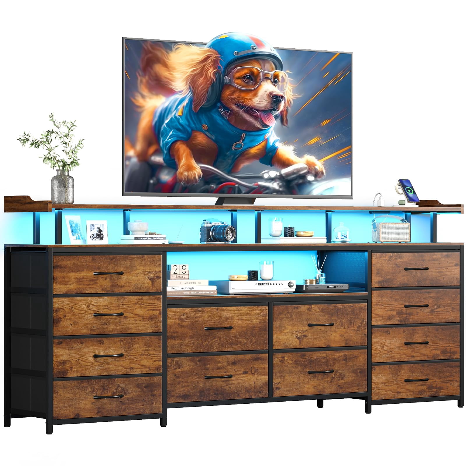 Afuhokles 12 Drawers TV Stand Dresser for 65/70 inch TV with LED Light ...