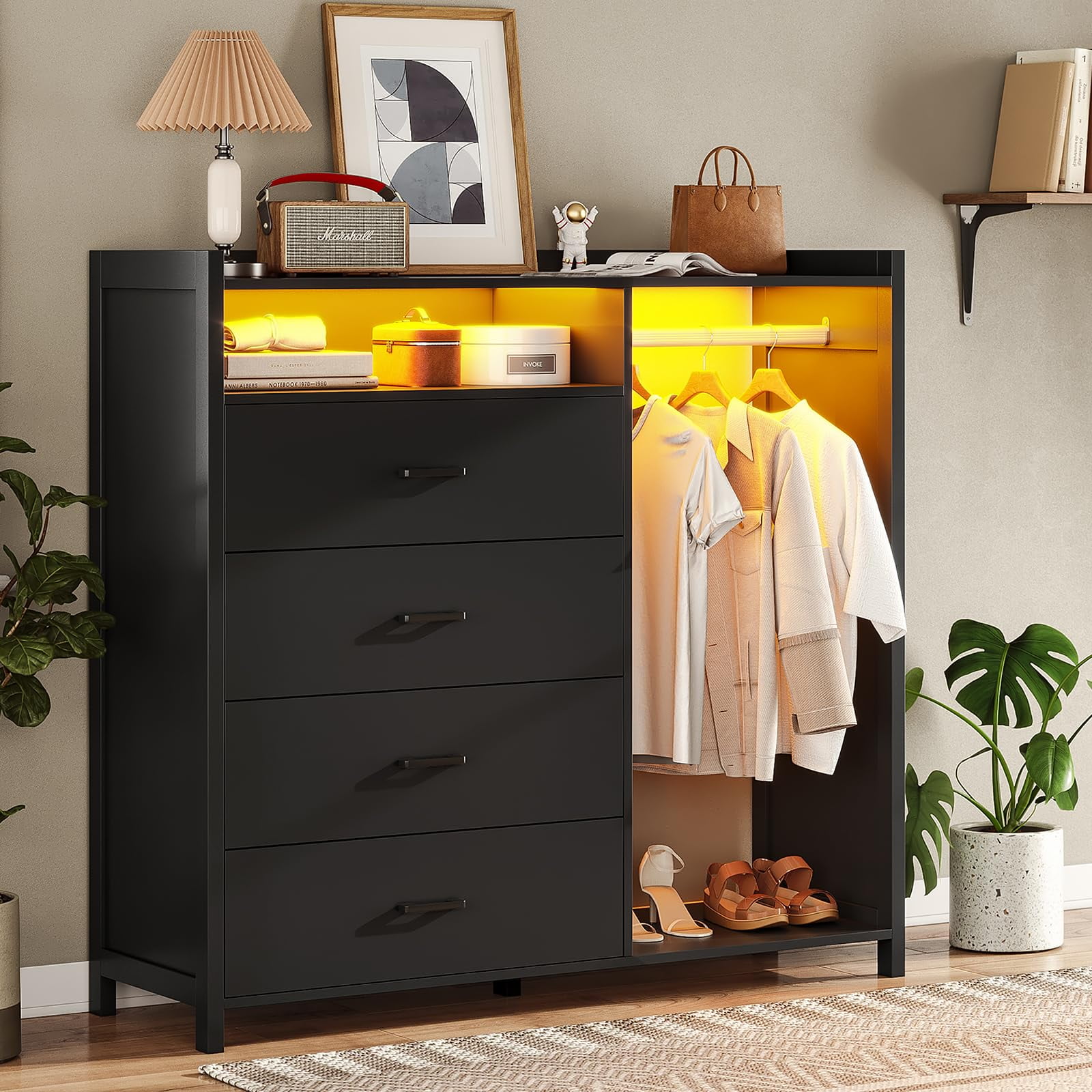 Save 19% • 4 Drawer Dresser with Clothing Rack and LED Lights, Modern ...