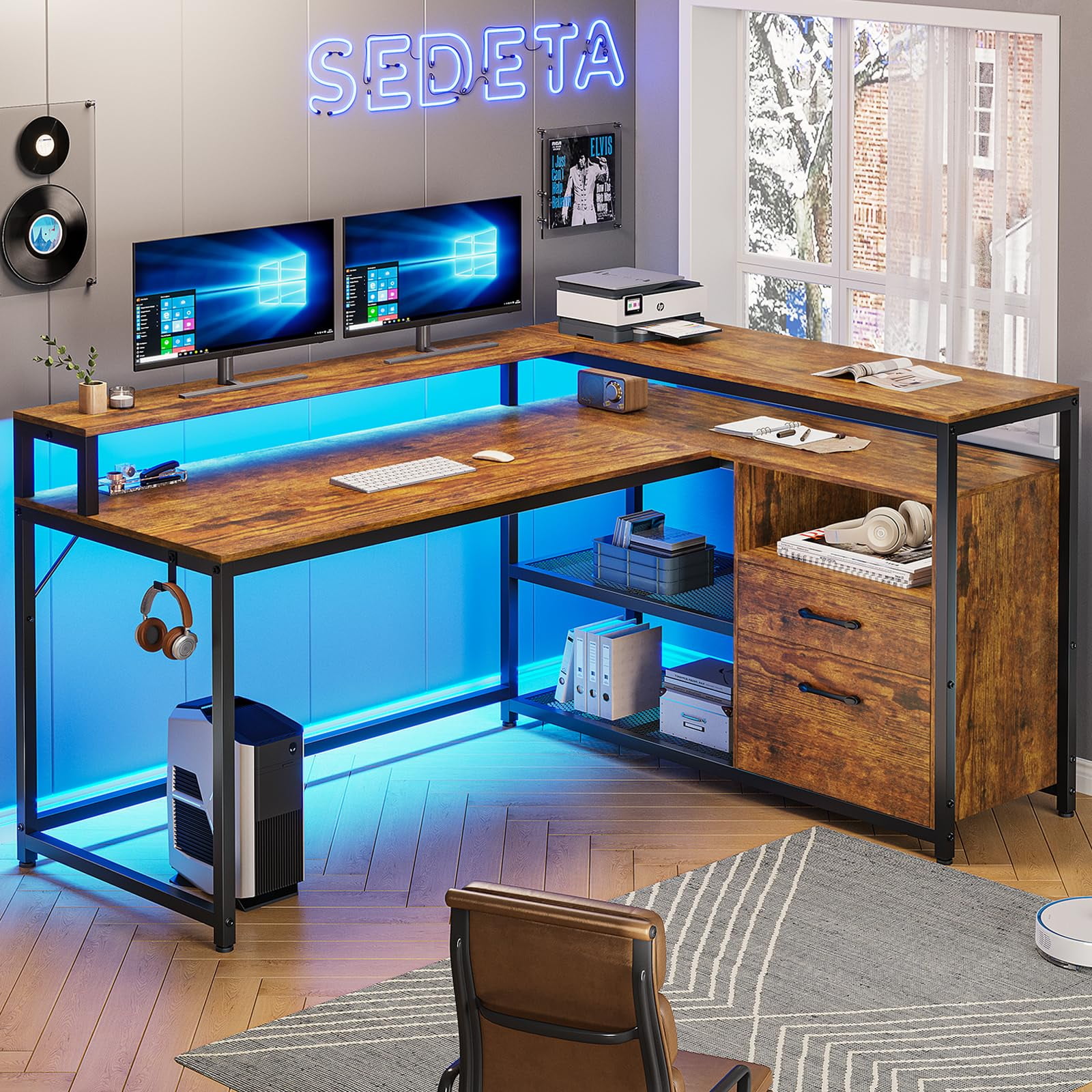 Afuhokles 55" L Shaped Desk with LED Light, Home Office Desk with ...