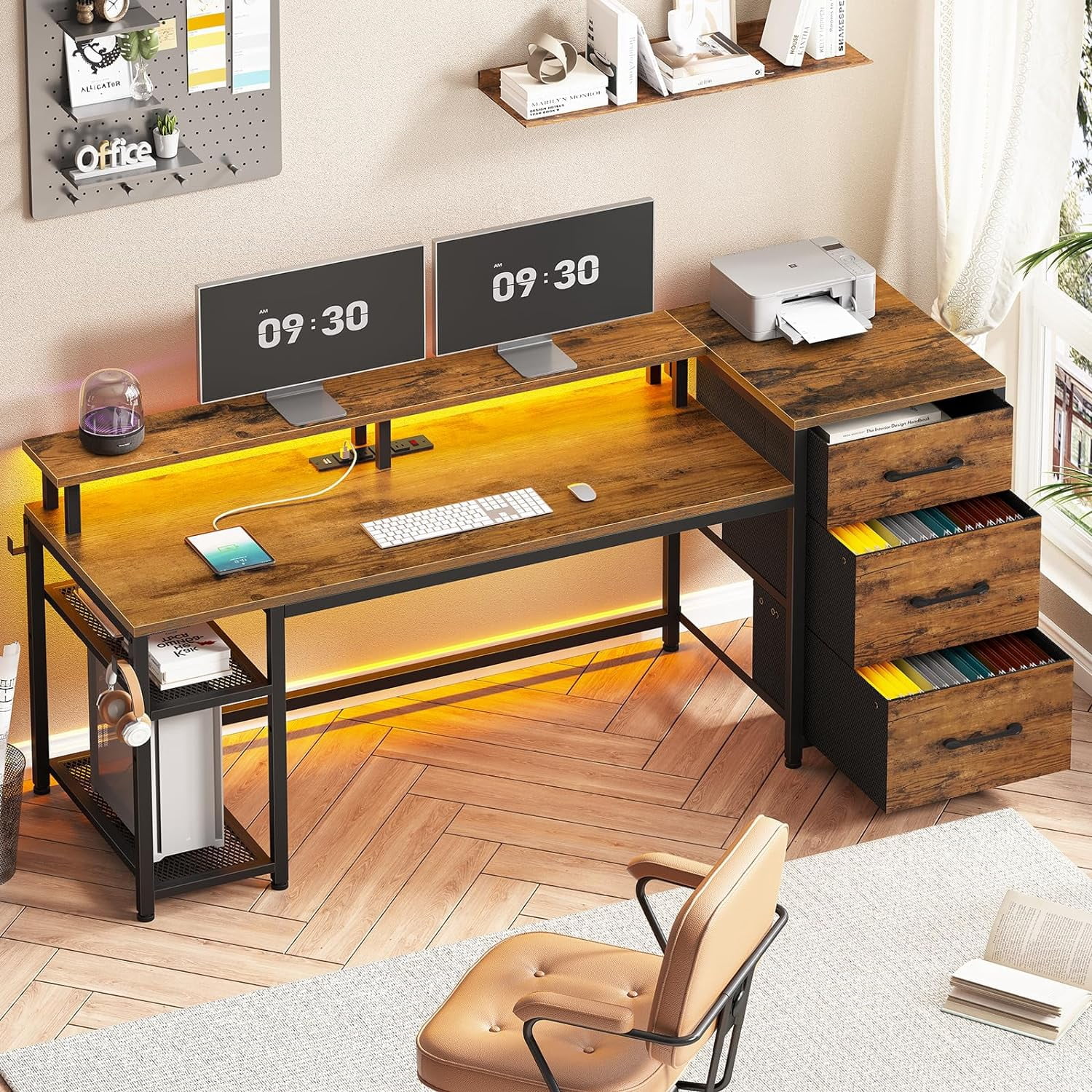 "Afuhokles 59"" Reversible Office Desk with Drawers, LED Lights, Power ...