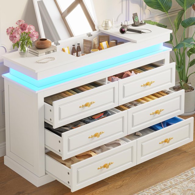 Afuhokles 6 Drawer Dressers for Bedroom with Mirror and Charging ...