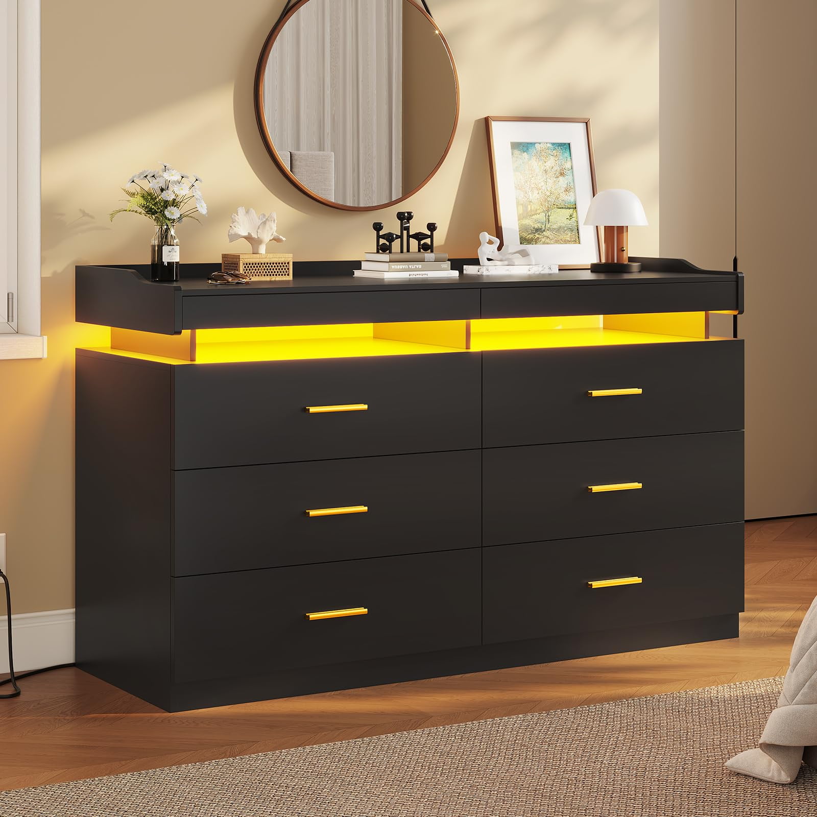 Afuhokles 6 Drawers Dresser with LED Lights and Charging Station ...