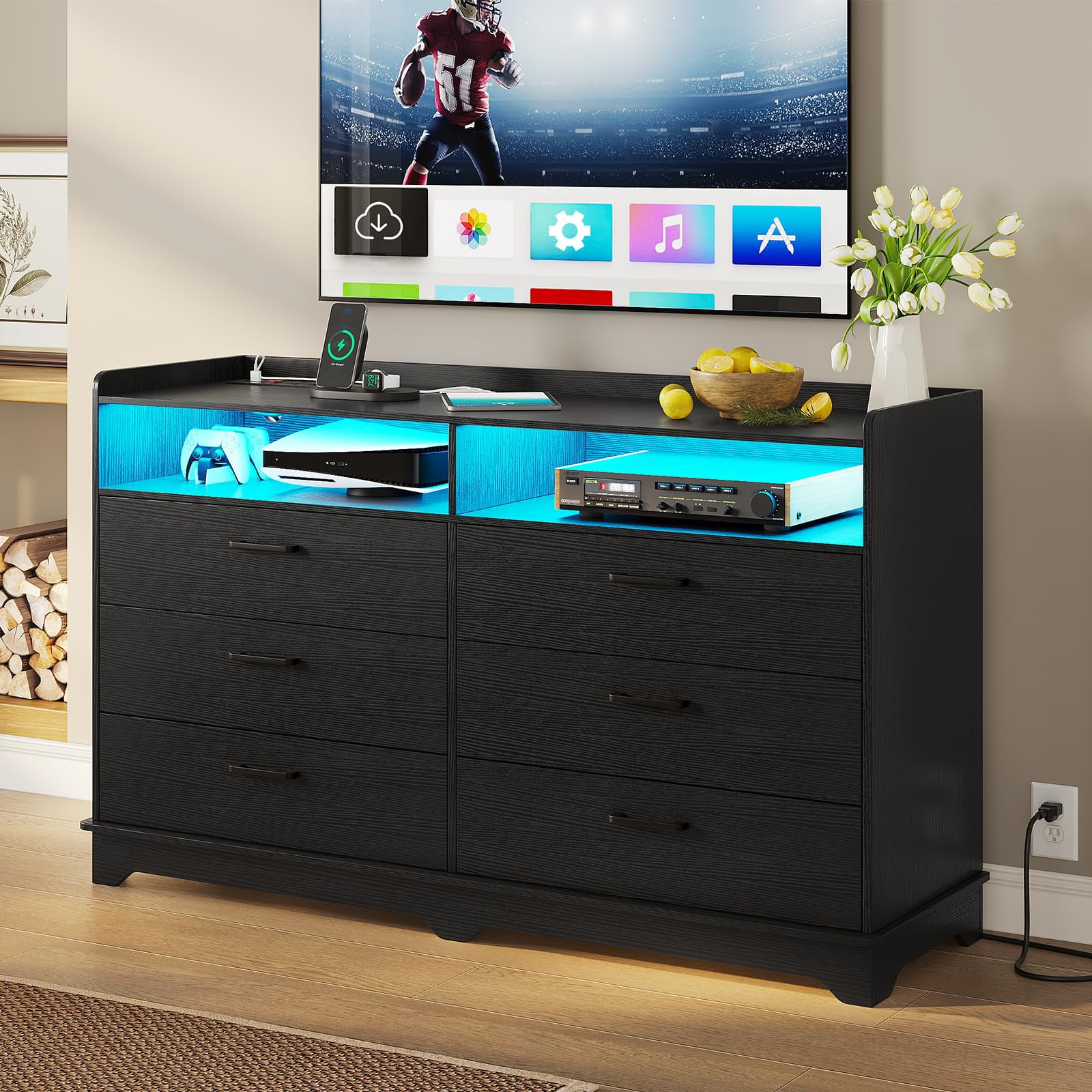Afuhokles Bedroom Furniture: 6 Drawer Dresser with LED Lights, Charging ...