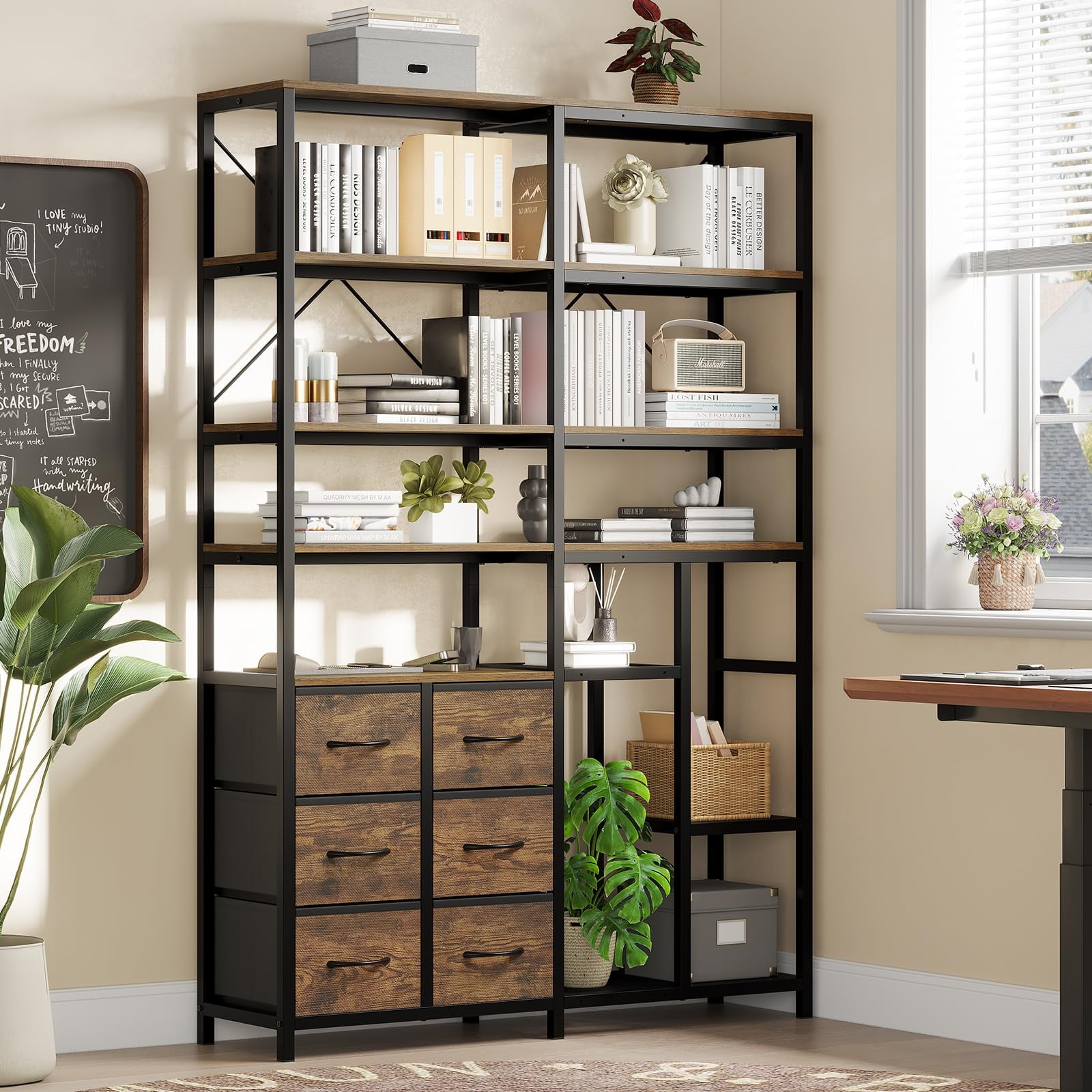 Afuhokles 7 Tier Bookshelf with 6 Fabric Drawers, Convertible Corner ...