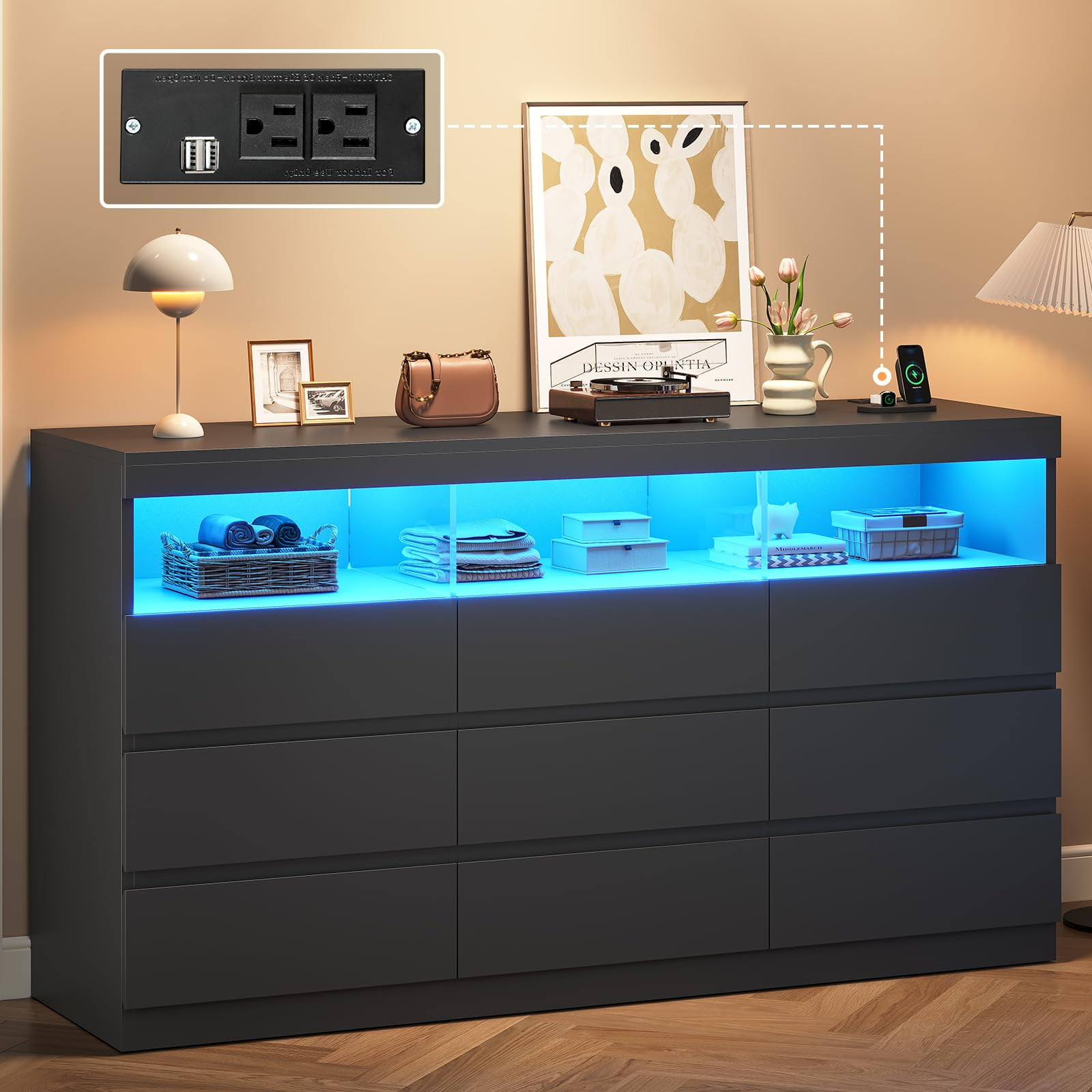 Afuhokles 9 Drawer Dressers for Bedroom with LED Light and Charging ...