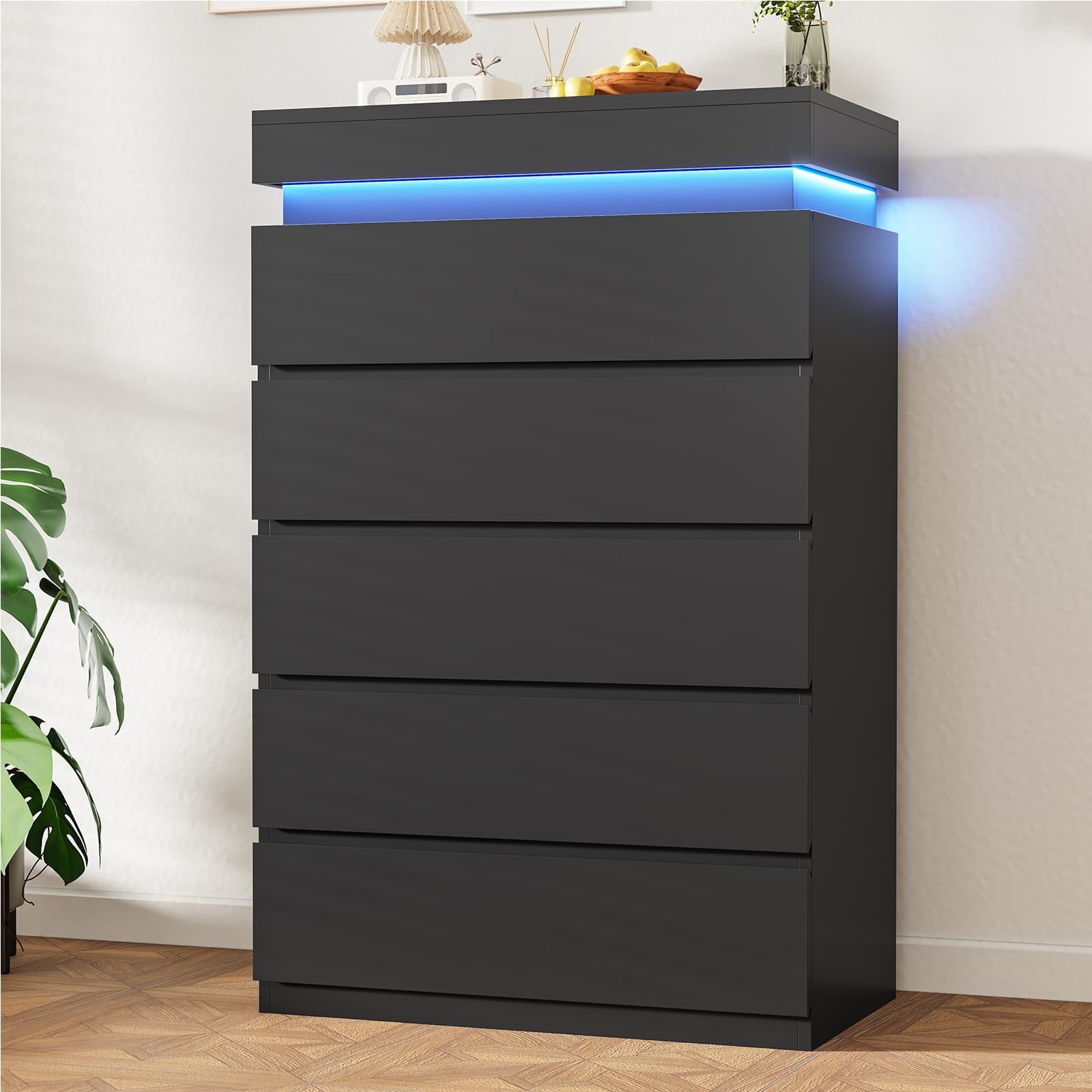 Afuhokles Black 5 Drawer Dresser with LED Light, Chest of Drawers for ...