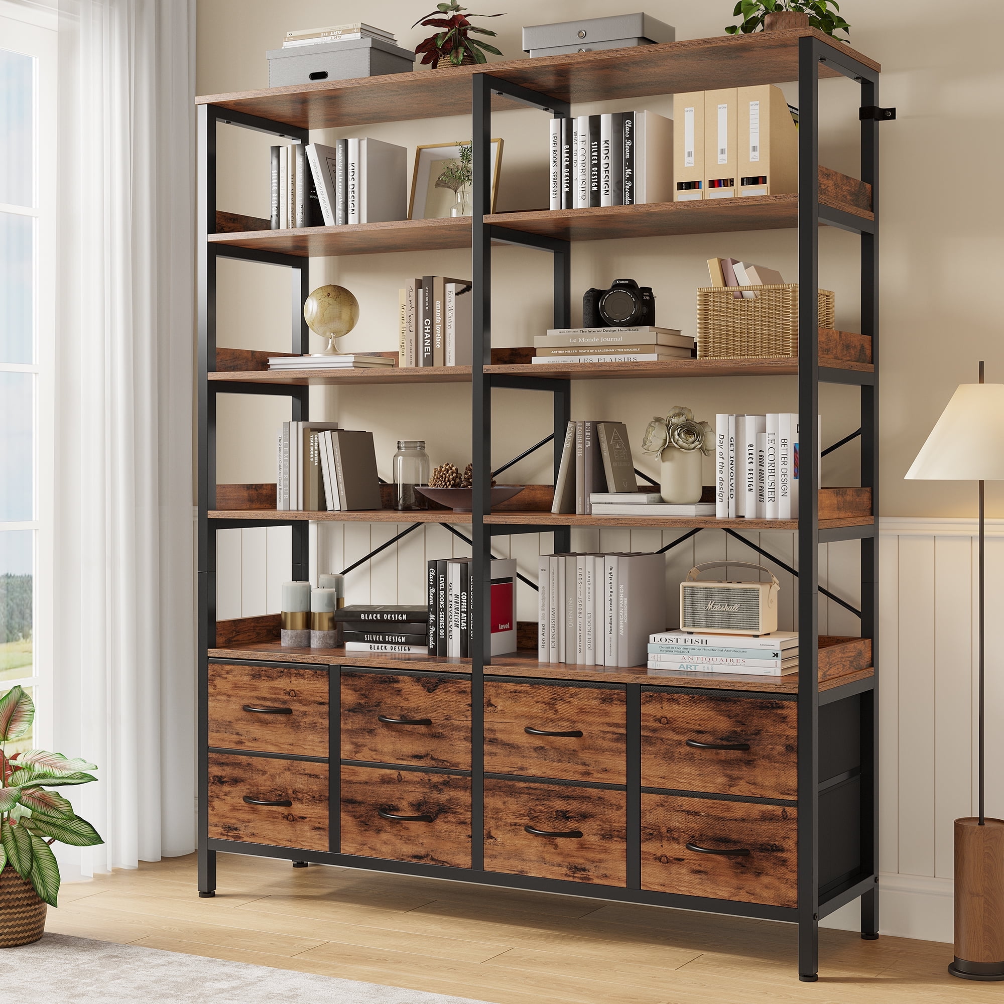 Afuhokles Bookshelf with 8 Fabric Drawers, 7-Tier Bookcase for Living ...