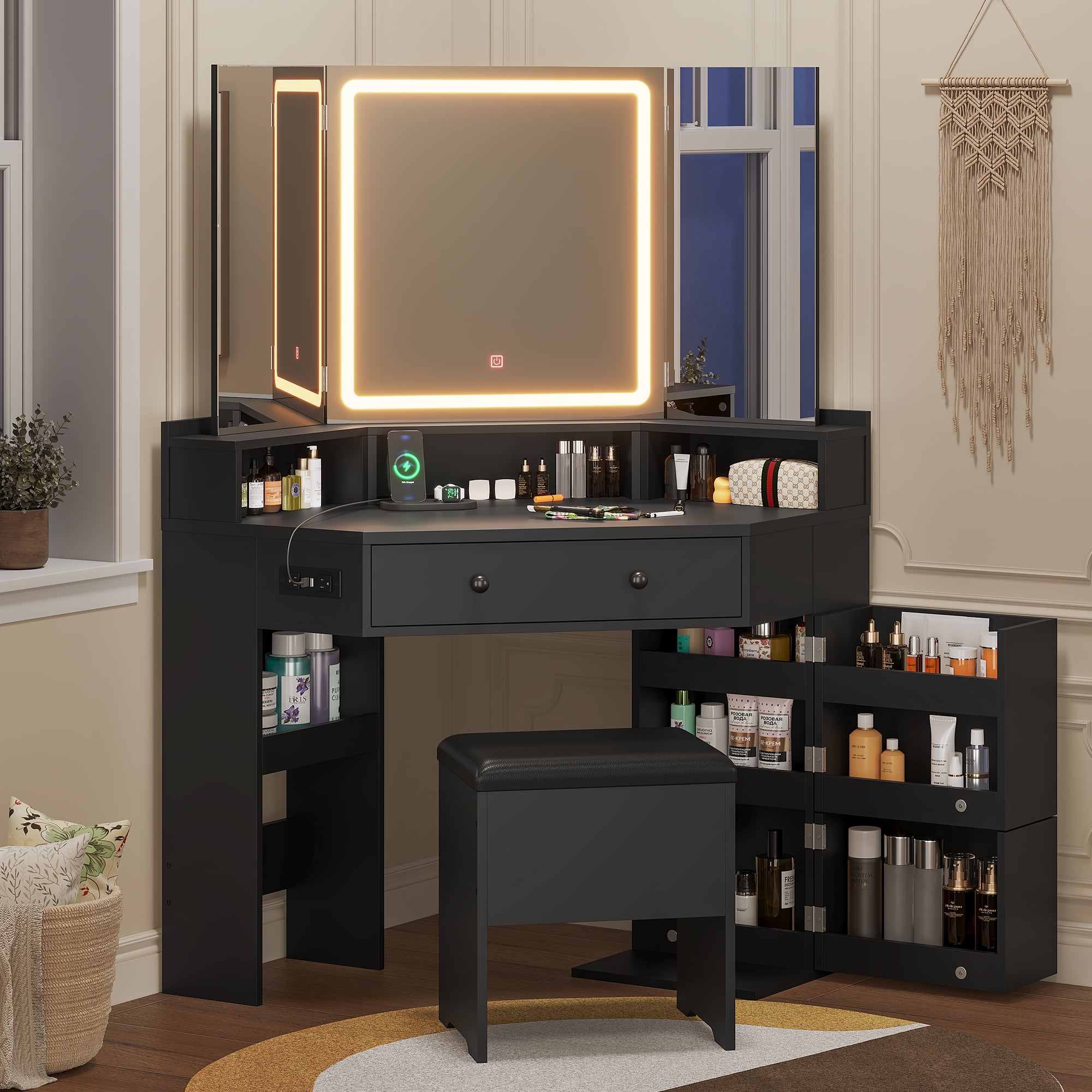 Afuhokles Corner Vanity with Tri-Fold Lighted Mirror and Cushioned ...