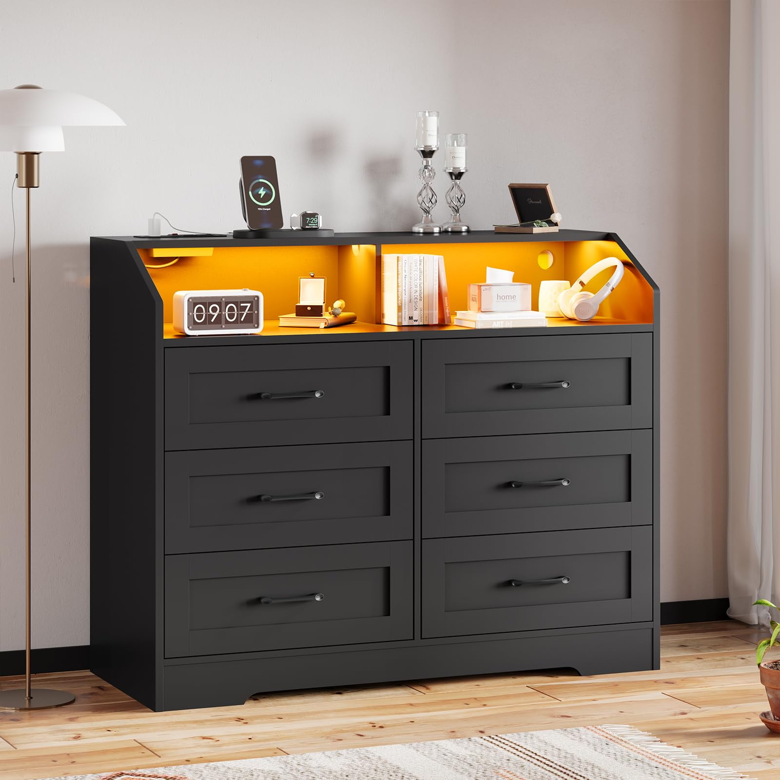 Afuhokles 6 Drawer Wooden Dresser with LED Lights Charge Station Black Walmart