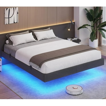 Modern Floating Platform Bed with LED Lights and Built-In Nightstands, King Size White Bed Frame ...