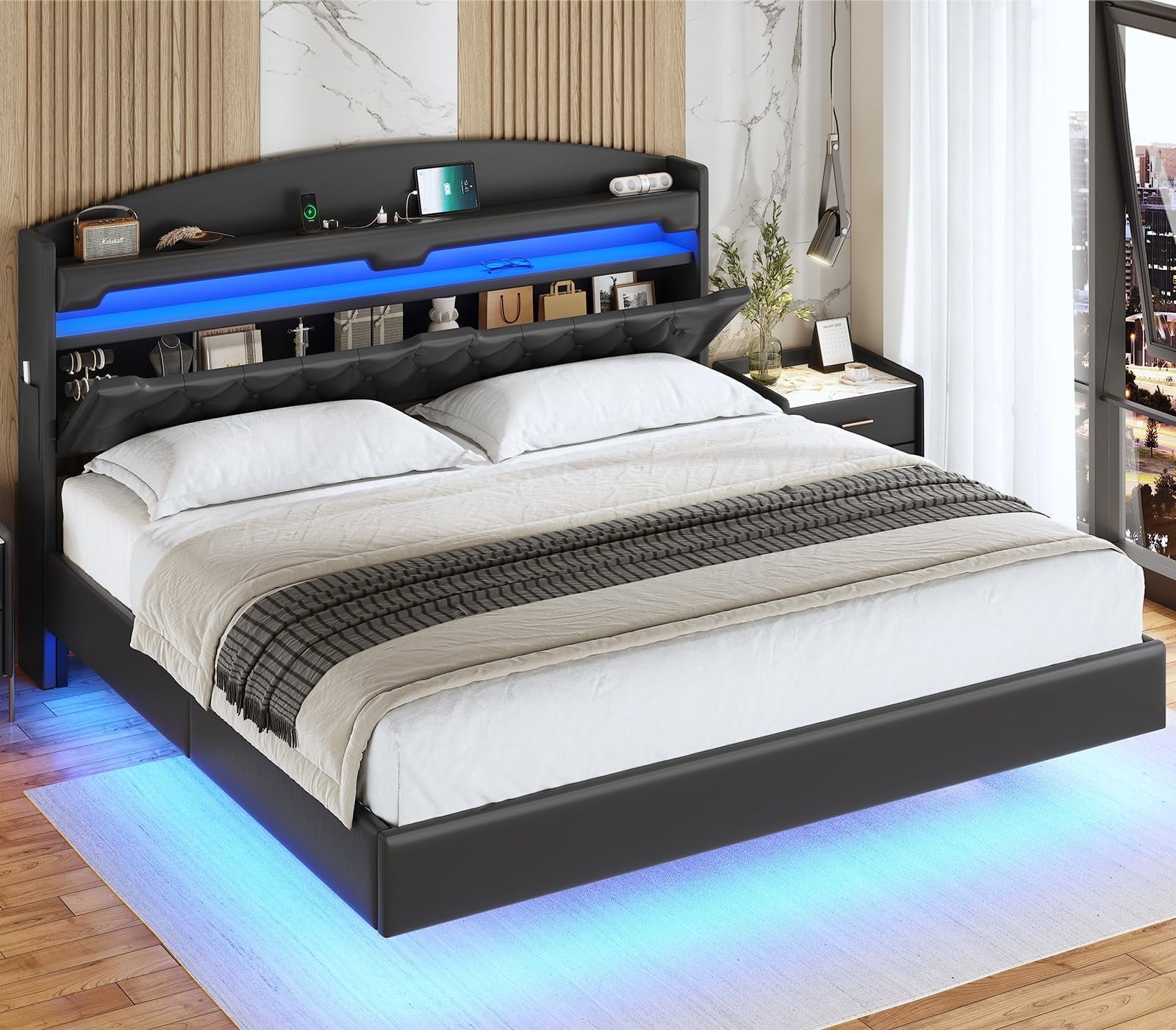 Afuhokles Floating Bed Frame King Size with Charging Station, Storage ...